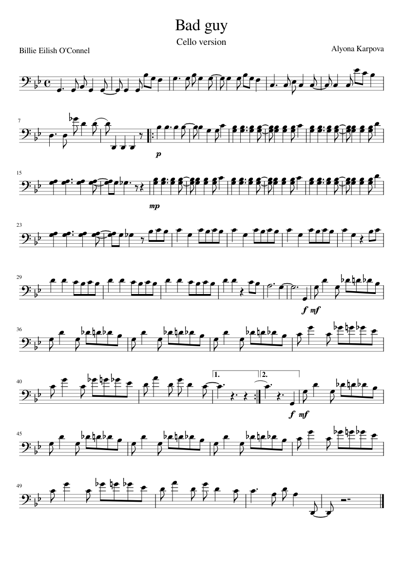 Billie Eilish - Bad guy Sheet music for Cello (Solo) | Musescore.com
