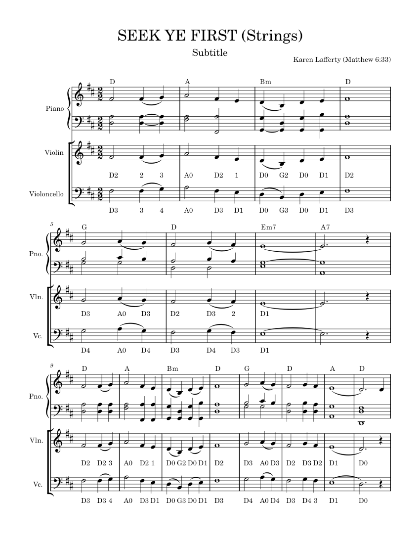 SEEK YE FIRST (Strings; Piano - VLN VLC PNO) - fingerings included ...