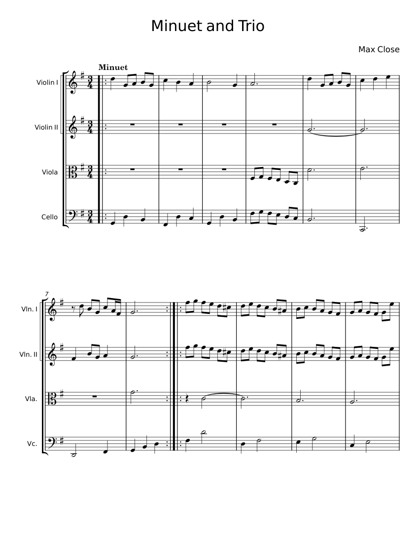 Minuet and Trio Sheet Music for Violin, Viola, Cello (String Quartet ...
