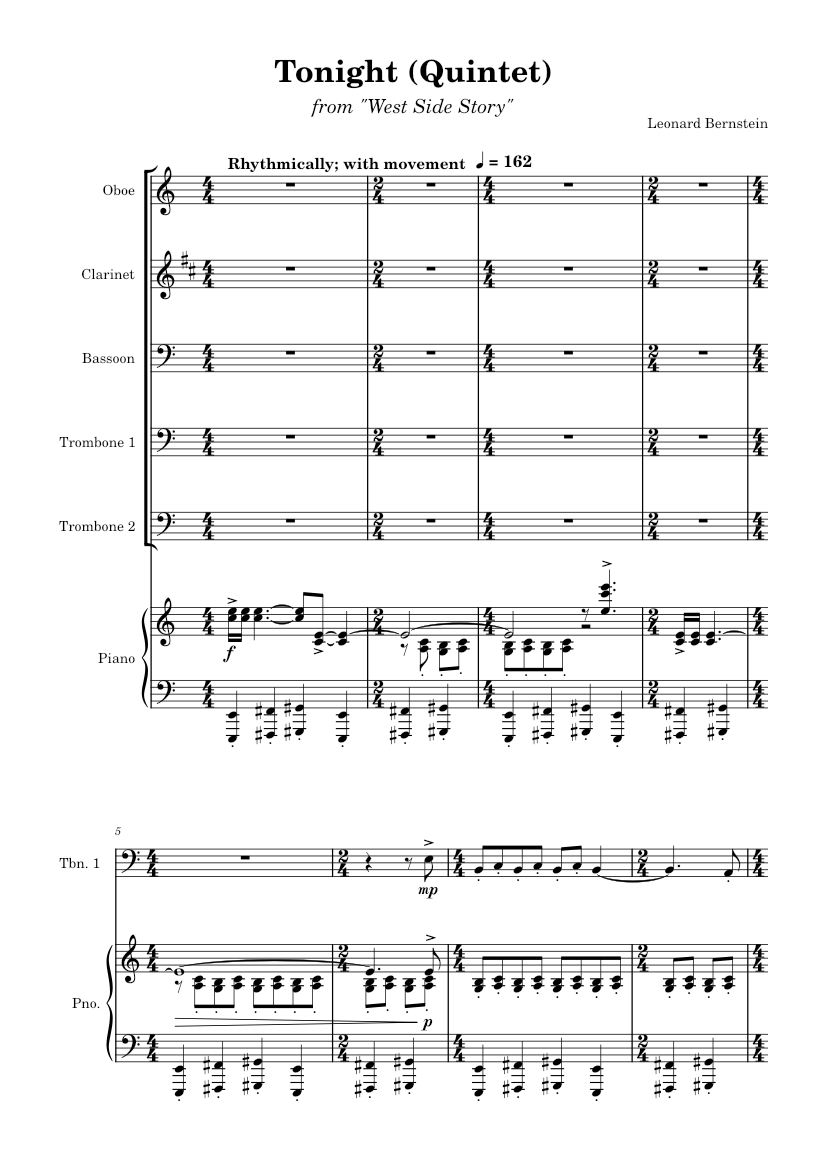 Tonight (Quintet) from "West Side Story"- Leonard Bernstein Sheet Music for Piano, Trombone ...