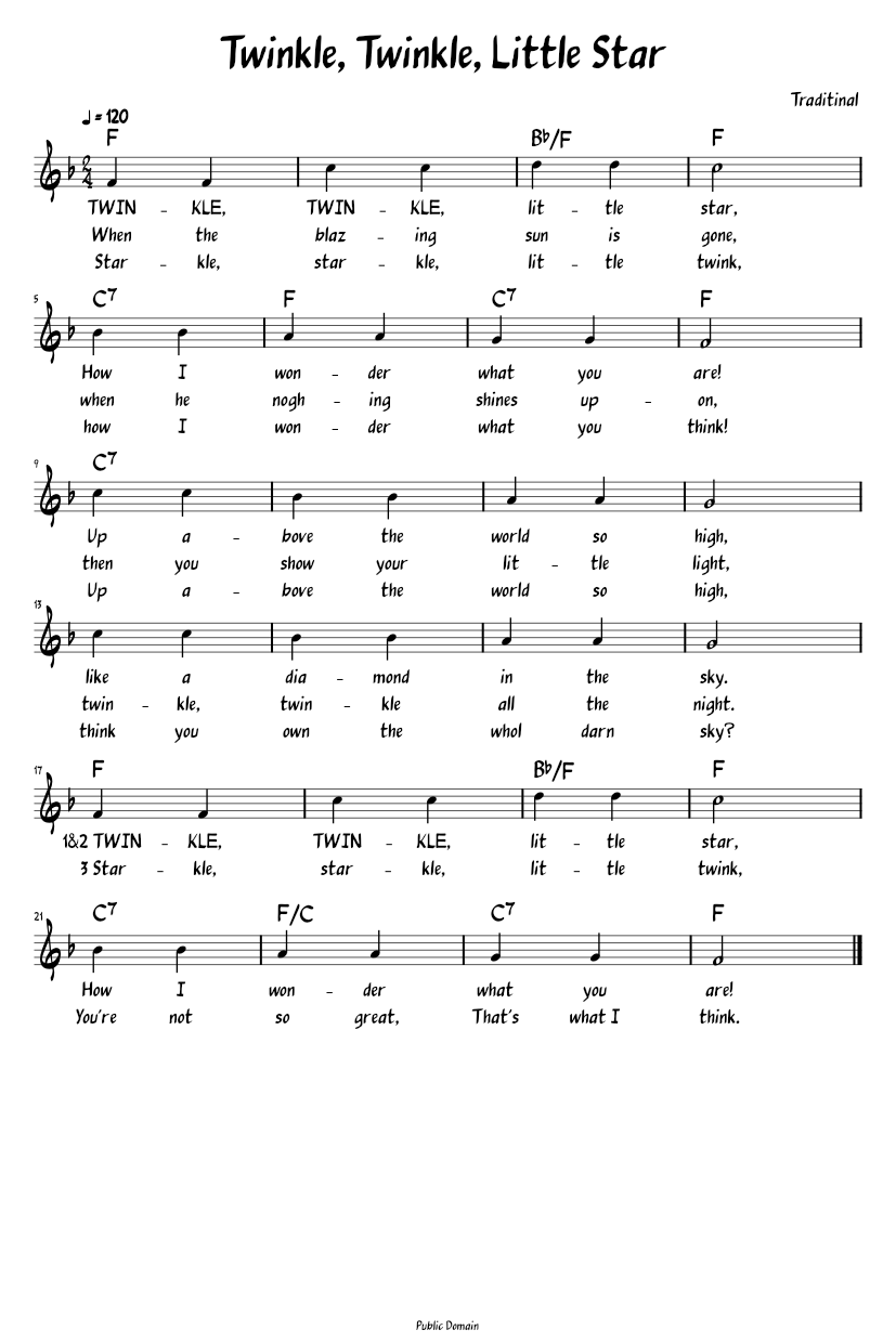 Twinkle, Twinkle, Little Star (Lead sheet with lyrics and parody ...