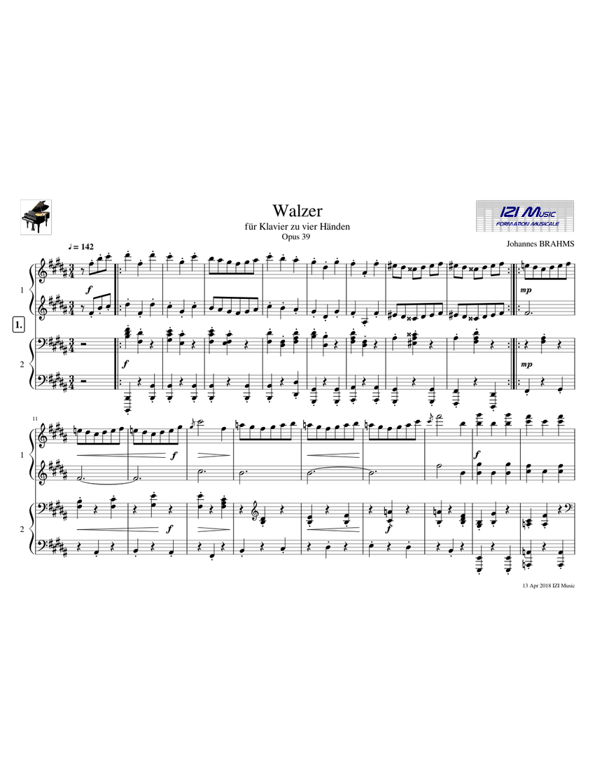 Walzer op 39 Johannes Brahms Sheet music for Piano (Alto Sax Piano Duet) | Musescore.com