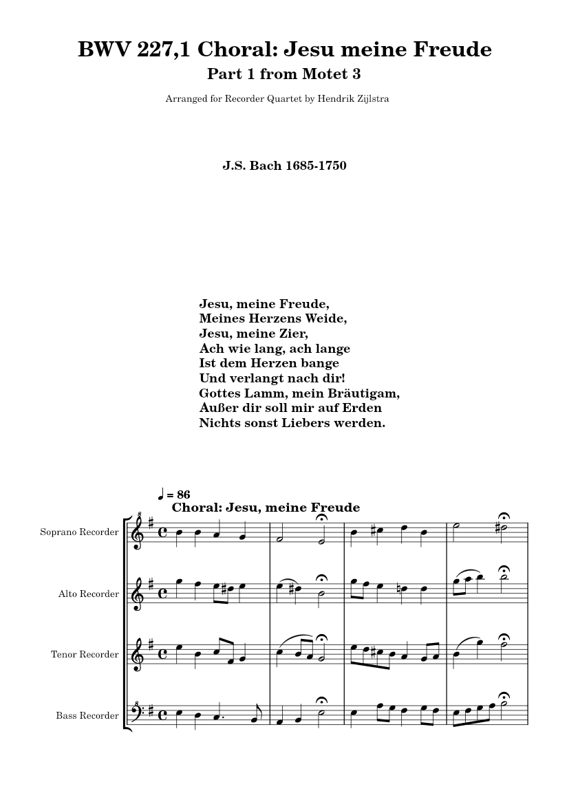 BWV 227,1 Choral; Jesu meine Freude, Part 1 of Motet 3, Recorder SATB ...