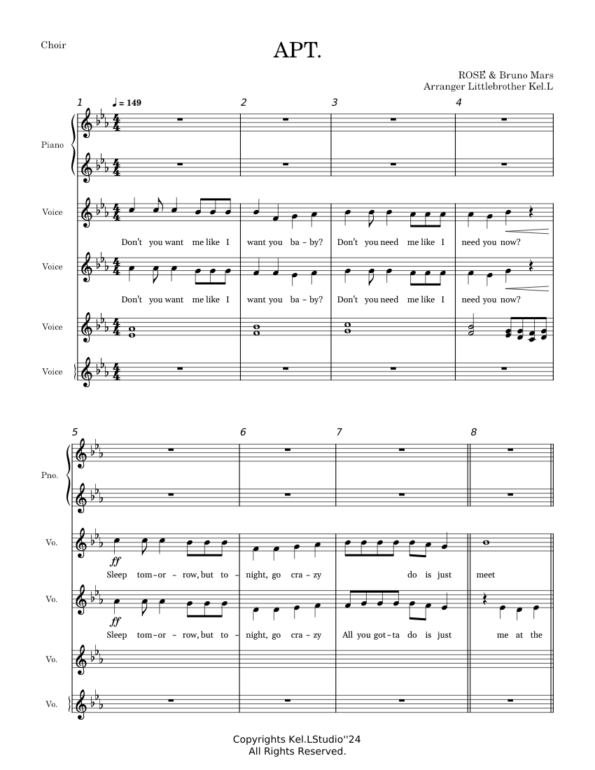CHOIR 合唱団【APT.】ROSÉ & Bruno Mars Sheet Music for Piano, Vocals (Mixed Quintet) | MuseScore.com