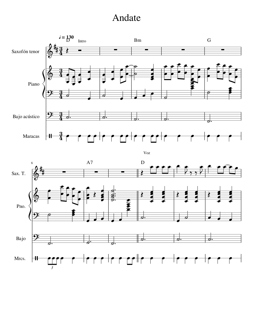 Andate Sheet music for Piano, Saxophone tenor, Bass guitar, Maraca ...