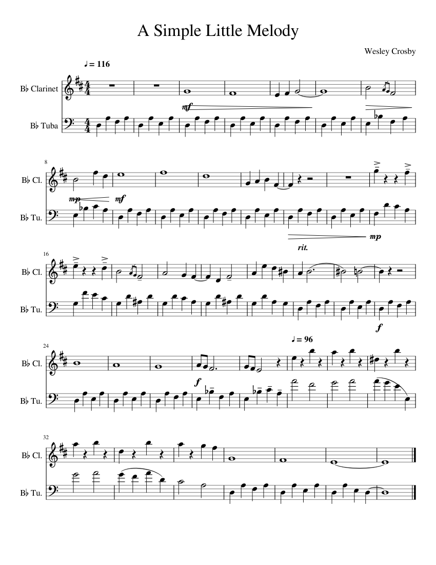 A Simple Little Melody (Bb Clarinet and Tuba Version) Sheet music for ...