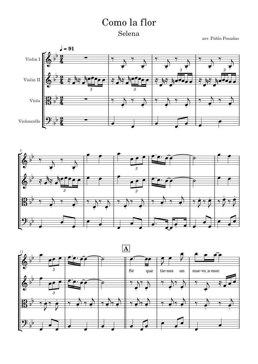 Como la flor – Selena Sheet music for Violin, Viola, Cello (String ...