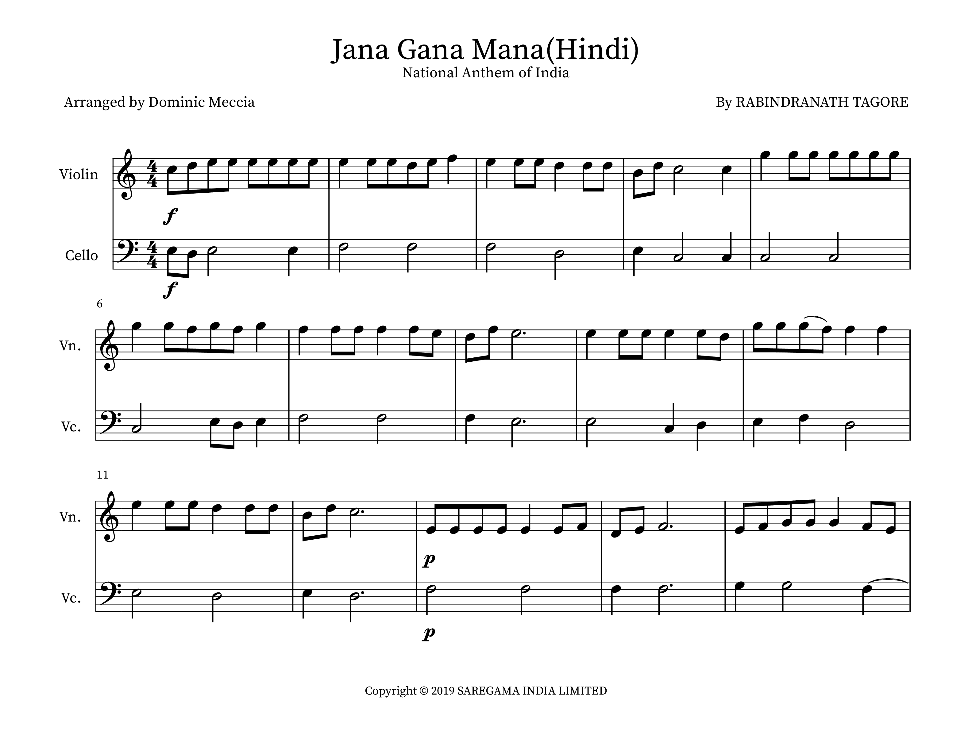 Play Official version of Jana Gana Mana Sheet Music by Rabindranath Tagore for Violin, Cello ...