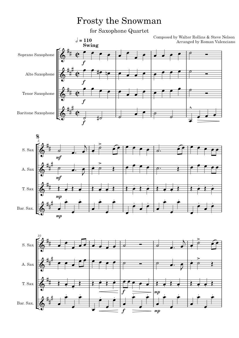 Frosty the Snowman for Saxophone Quartet Sheet music for Saxophone alto ...