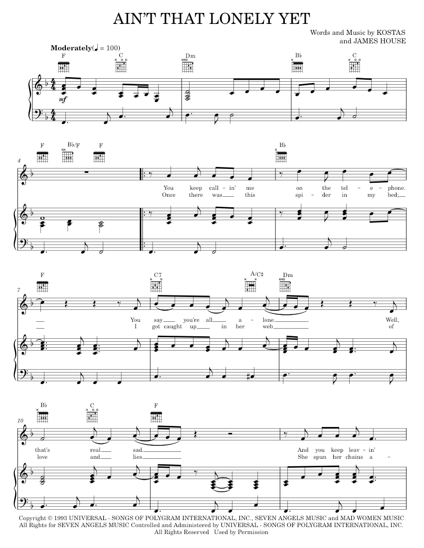 Ain't That Lonely Yet Sheet music for Piano, Vocals by Doc Pomus, Dwight Yoakam, Elvis Presley ...