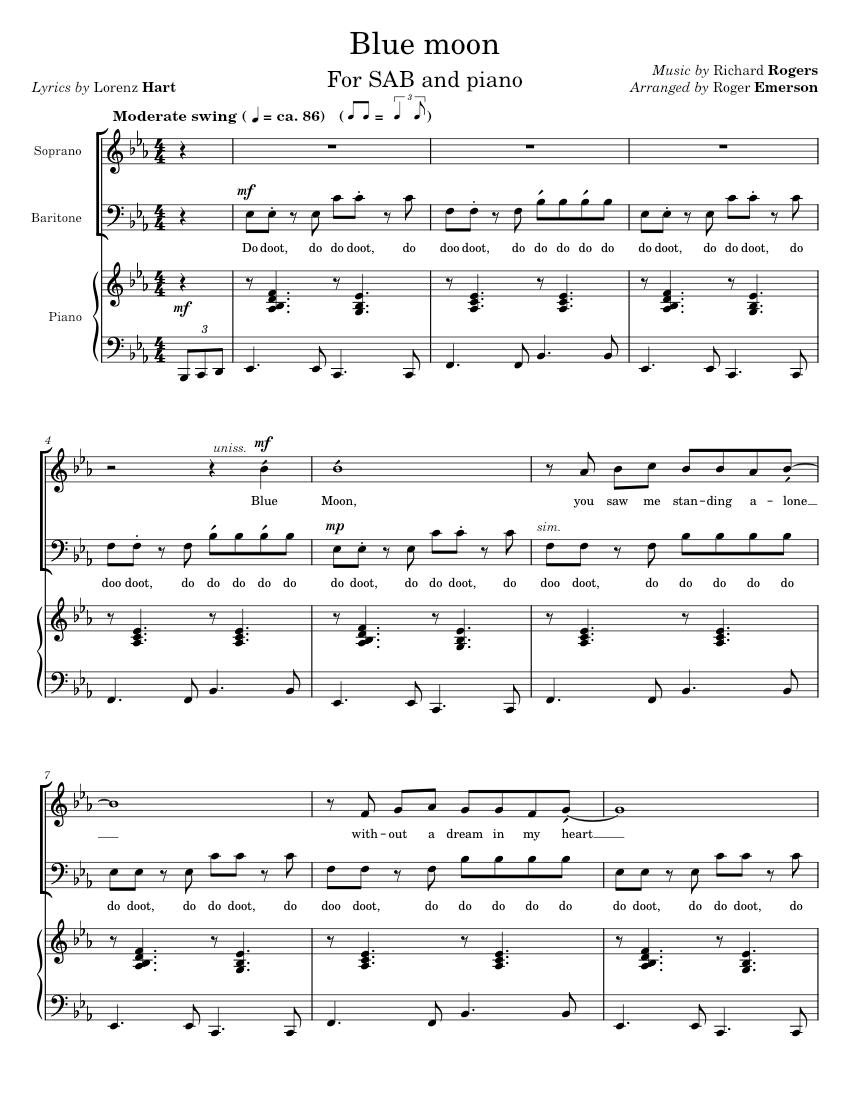 Blue Moon – Emerson Sheet music for Piano, Female, Baritone (Choral ...