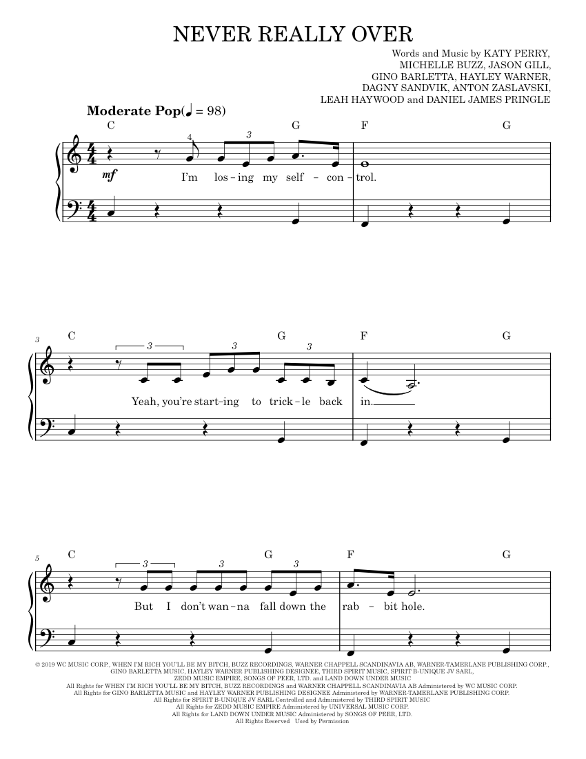 Play Official version of Never really over sheet music by Katy Perry ...