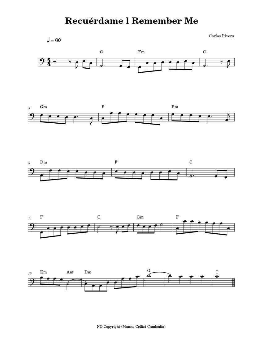 Recuérdame – Carlos Rivera Recuérdame l Remember Me - Cello Sheet music ...