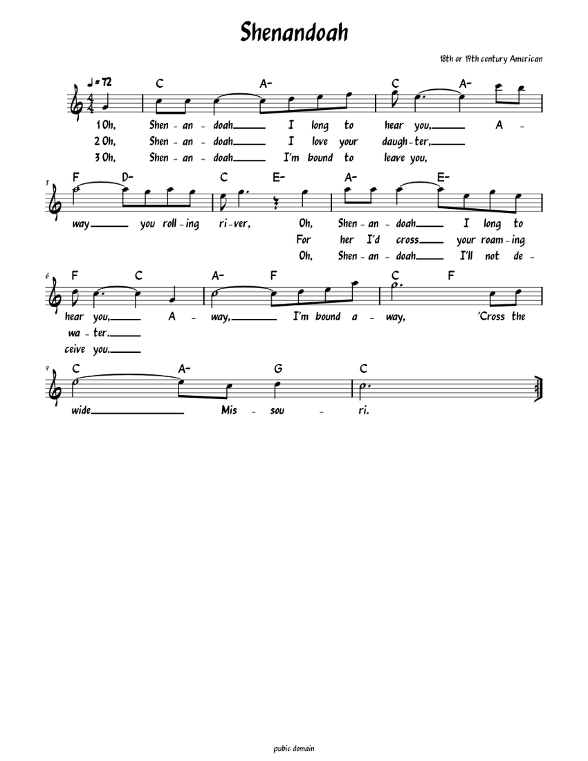 Shenandoah (Lead sheet with lyrics ) Sheet music for Piano (Solo) Easy | Musescore.com