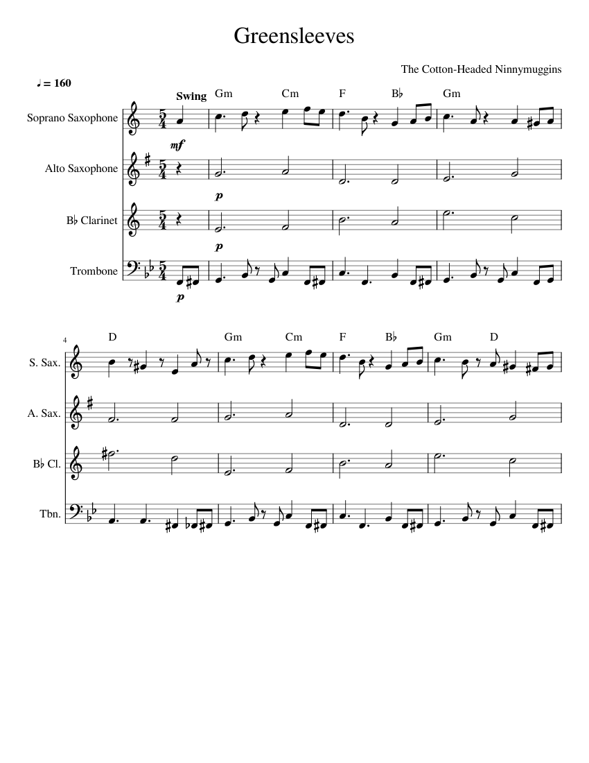 Greensleeves Sheet music for Trombone, Clarinet in b-flat, Saxophone ...