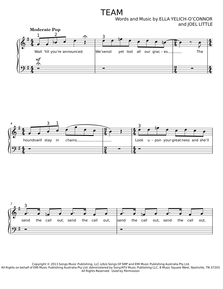 Team - Lorde Sheet music for Piano, Synthesizer (Mixed Duet ...
