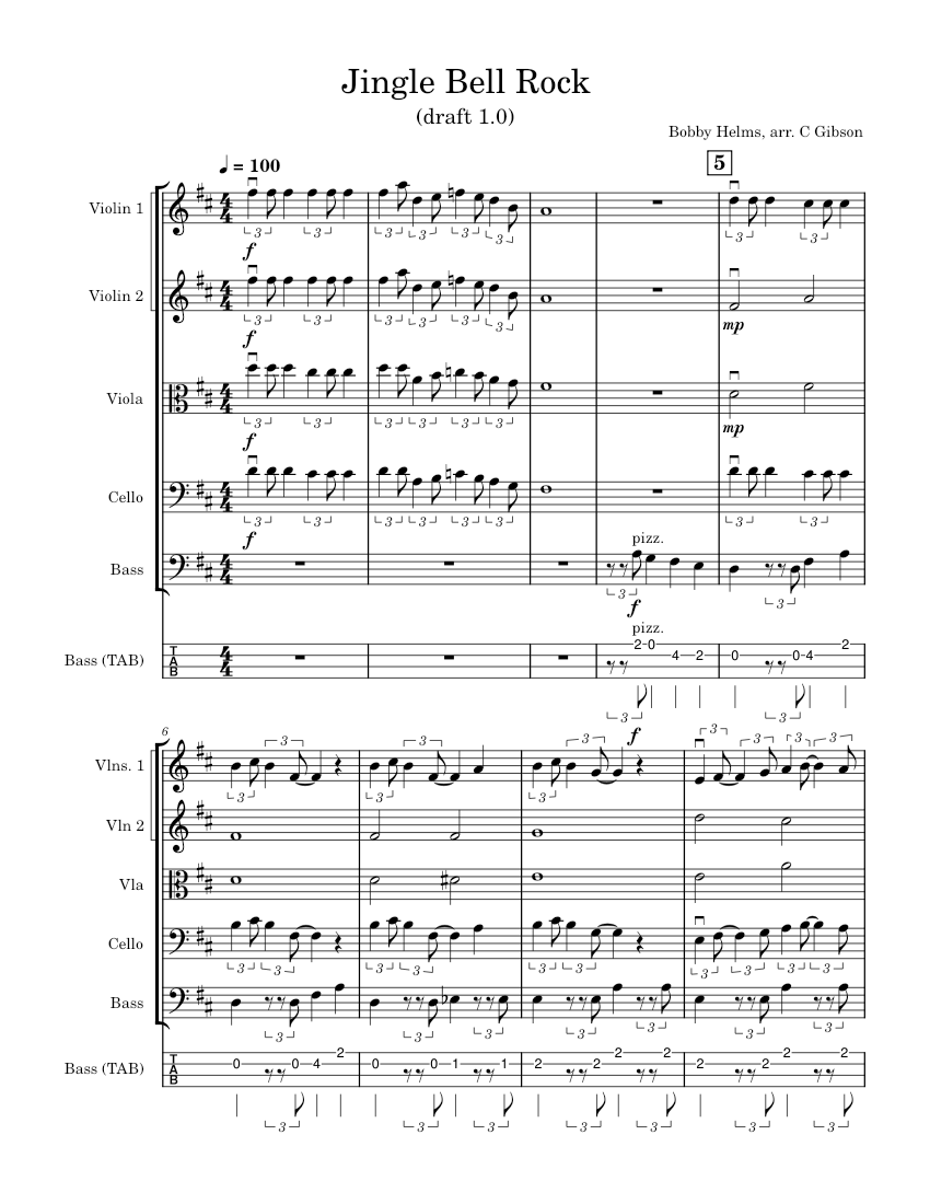 Jingle Bell Rock Sheet Music for Violin, Viola, Cello, Bass guitar ...