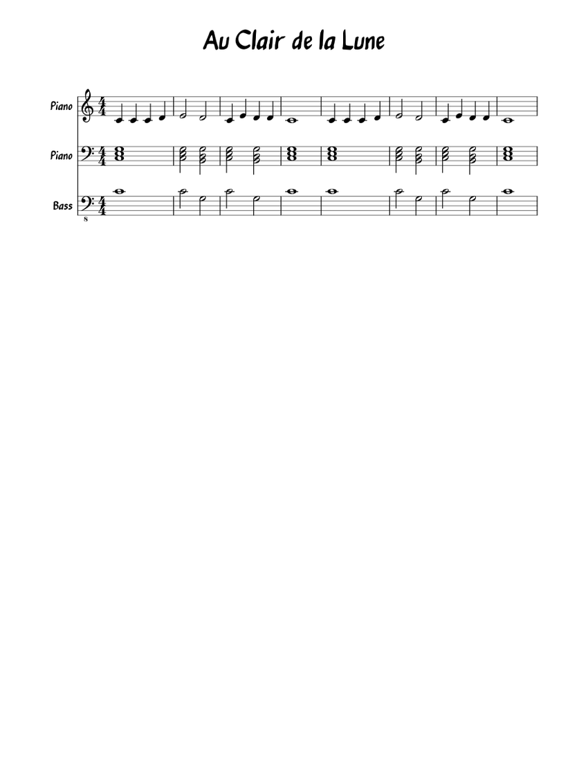 Au Clair de la Lune Sheet music for Piano, Bass (Mixed Trio ...