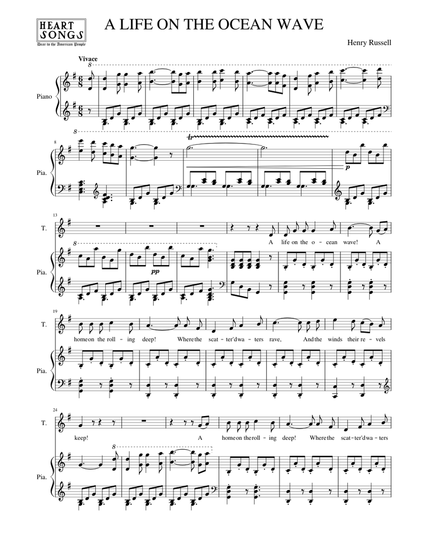 A LIFE ON THE OCEAN WAVE Sheet music for Piano, Tenor (Piano-Voice ...