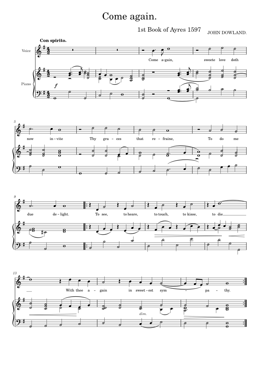 John Dowland, Come again Sheet Music for Piano, Oboe (Piano-Voice ...