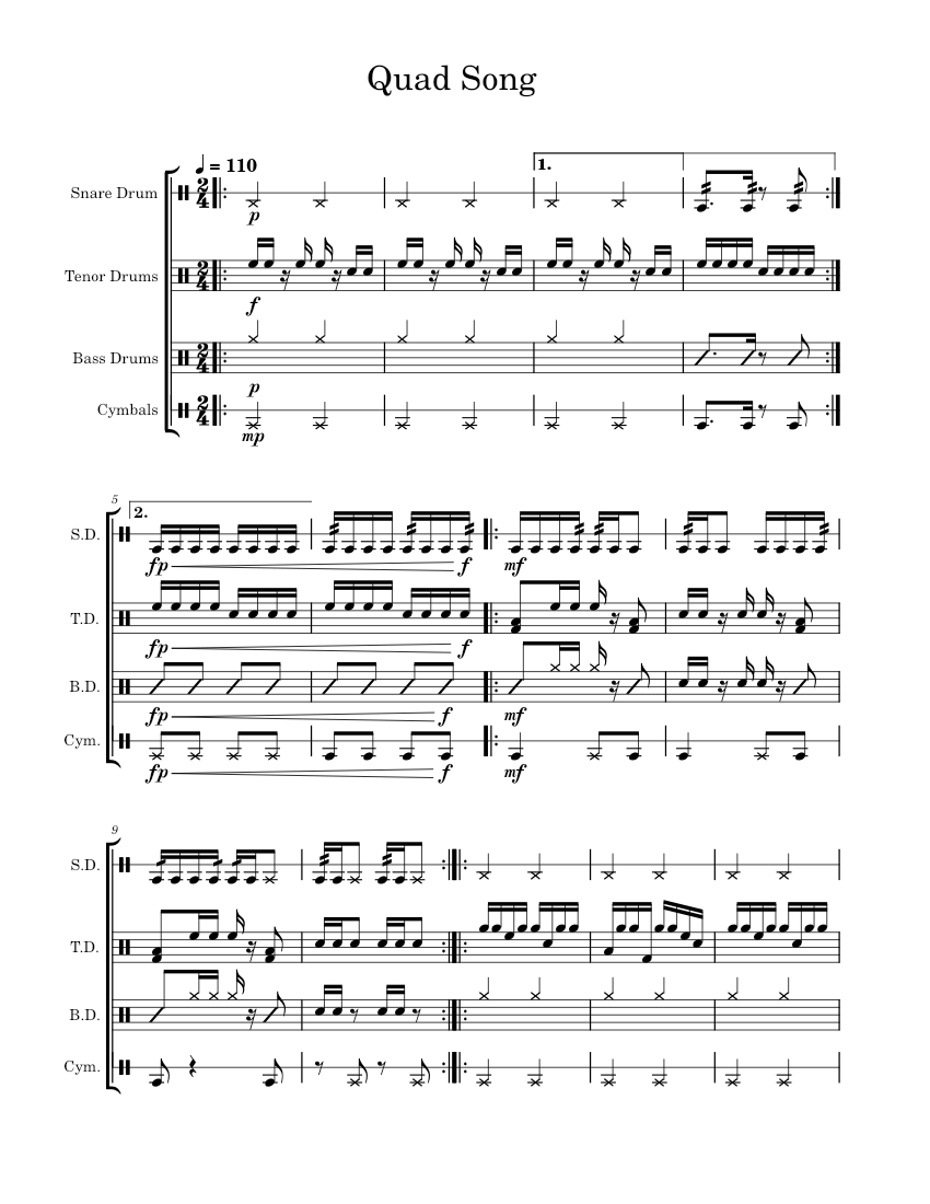 Quad Song Sheet music for Snare drum, Crash, Tenor drum, Bass drum ...