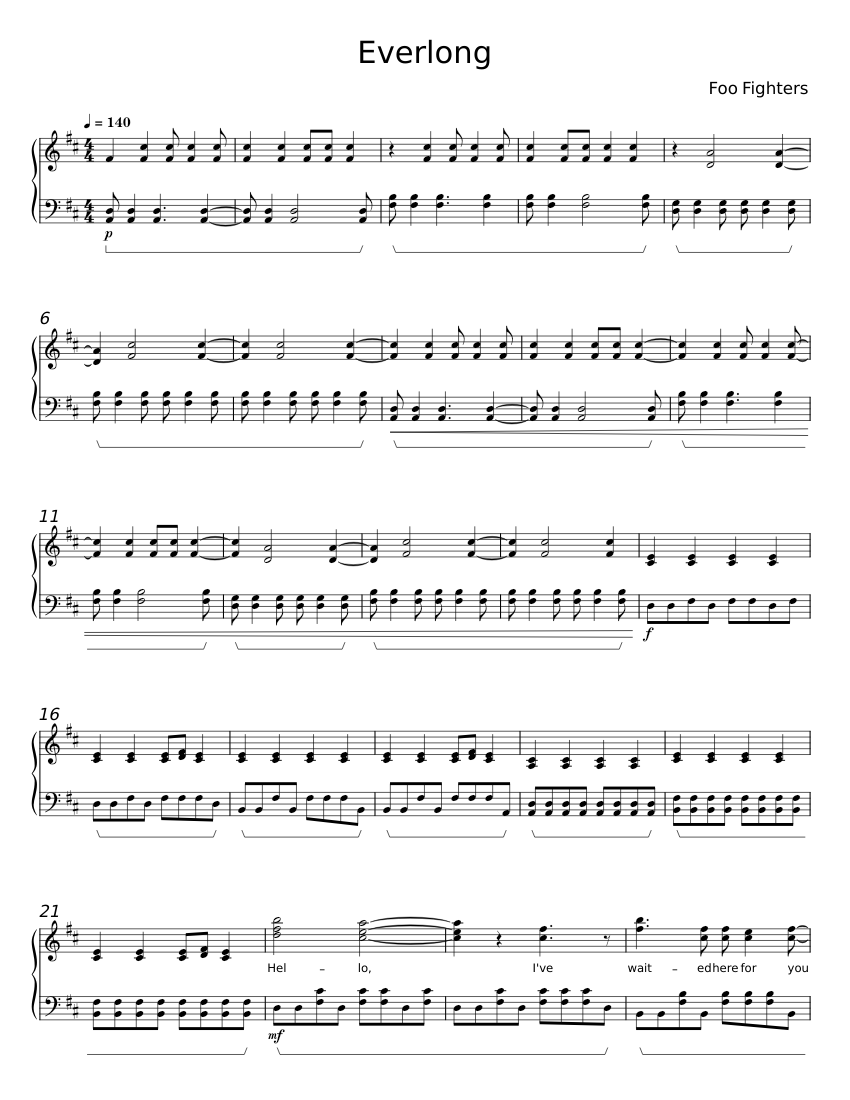 Everlong - Foo Fighters Sheet music for Piano, Synthesizer (Mixed Duet ...