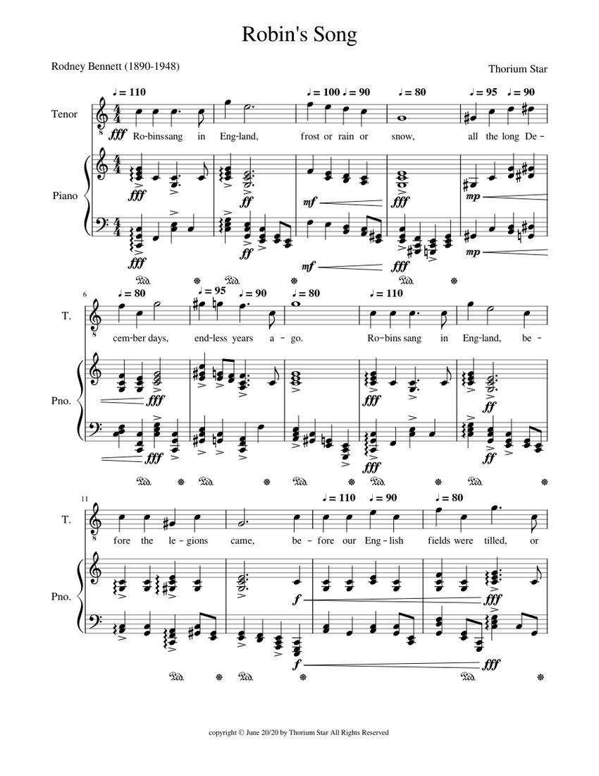Robin's Song, Words by Rodney Bennett (1890-1948), Music © by Thorium ...