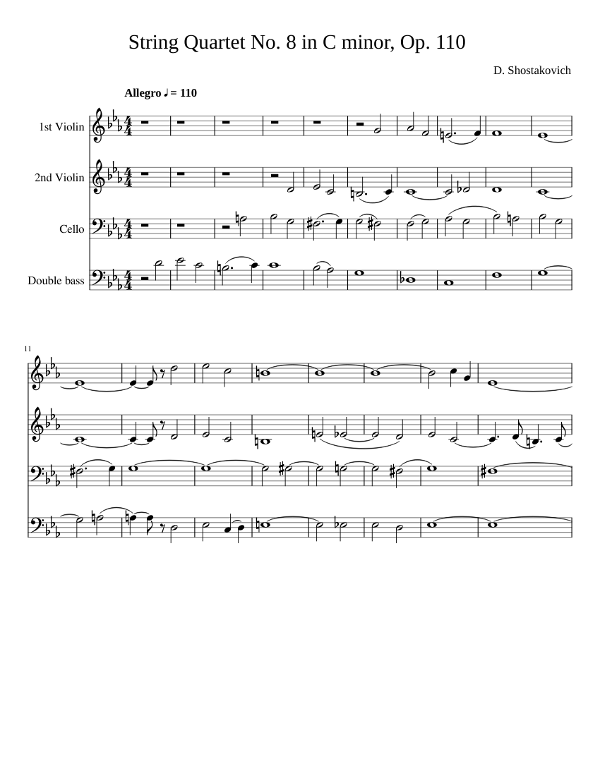 D. Shostakovich - String Quartet No. 8, Op. 110 Sheet music for Contrabass, Cello (String ...