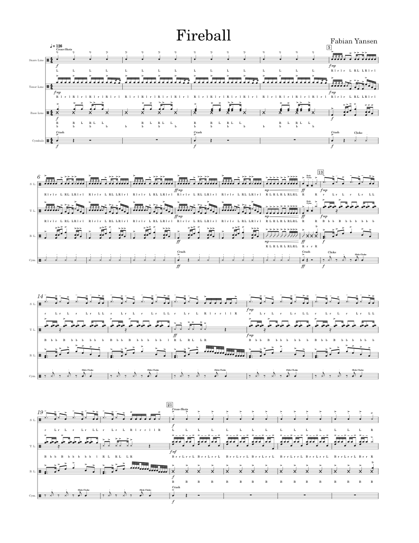 Fireball Sheet music for Snare drum, Crash, Tenor drum, Bass drum ...