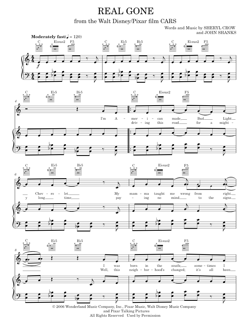 Real Gone (from Cars) Sheet music for Piano, Vocals by Cars Movie ...