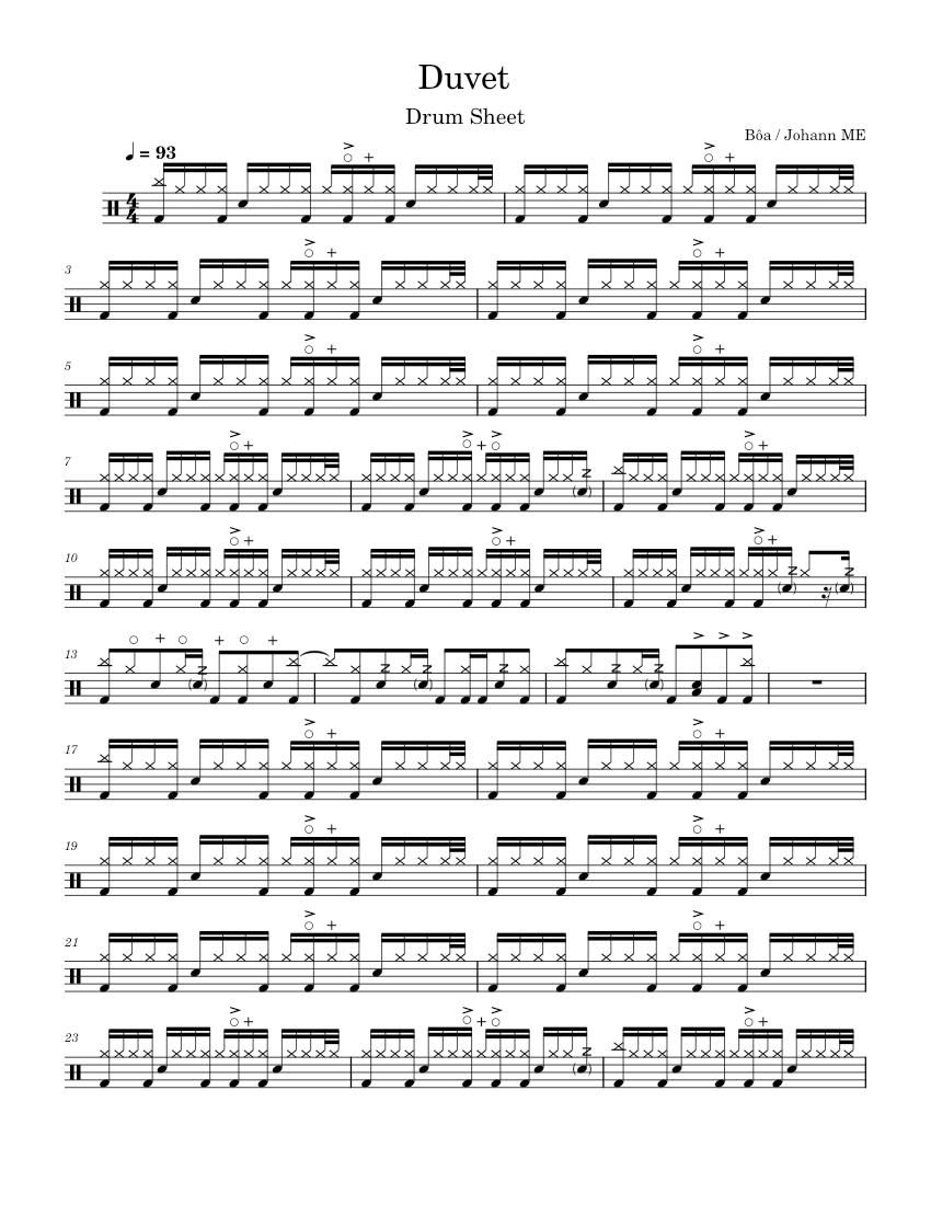 Duvet – BoA (Drum Tab) Sheet Music for Drum group (Solo) | MuseScore.com