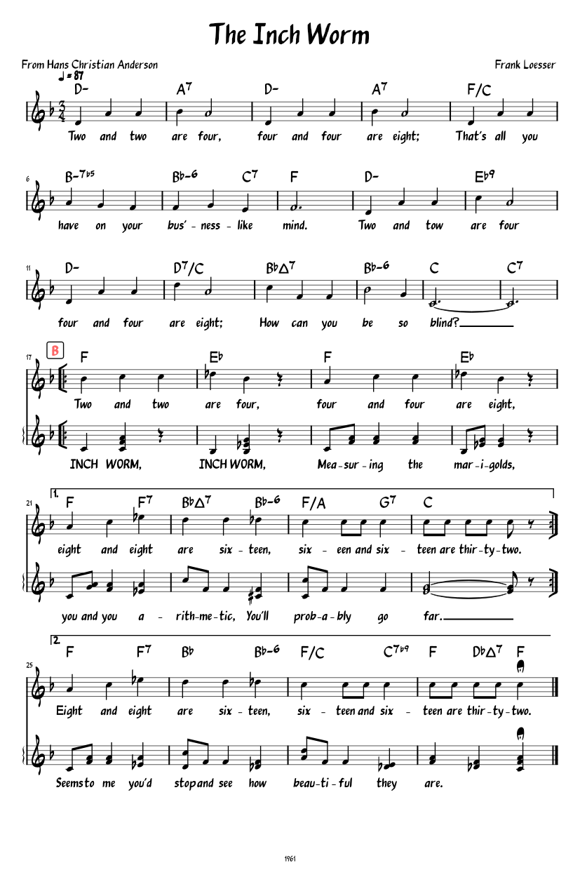 The Inch Worm (Lead sheet with lyrics ) Sheet music for Piano (Solo ...