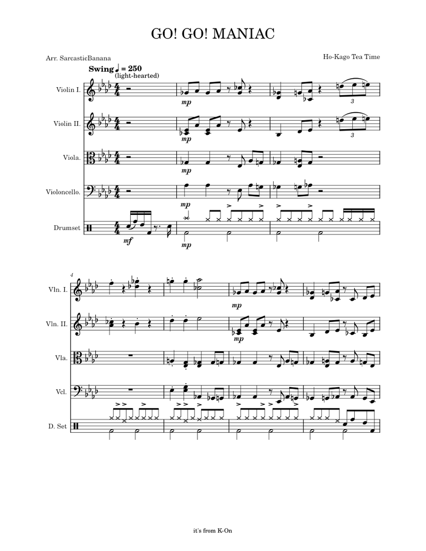GO! GO! Maniac – 放課後ティータイム for String Orchestra Sheet music for Violin ...
