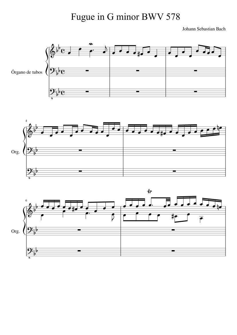 Little Fuge in G minor Bach Bwv 578 Sheet Music for Organ (Solo ...