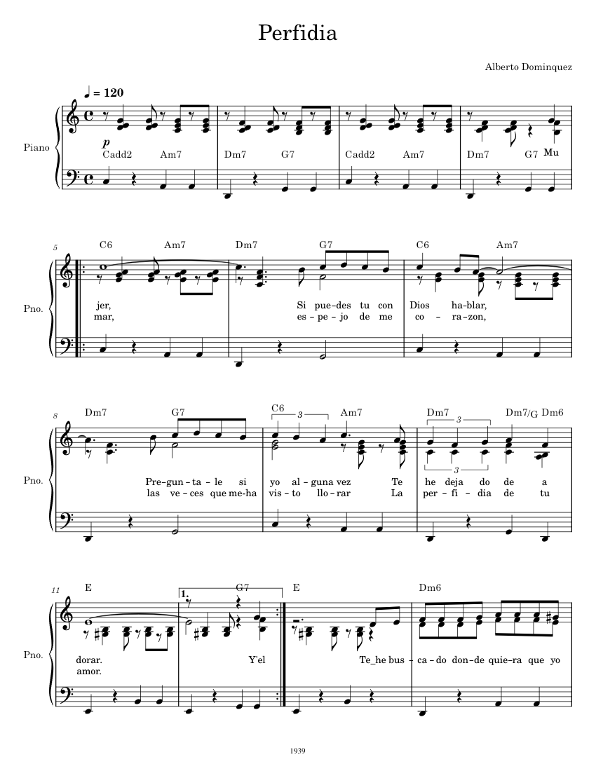 Perfidia – Alberto Domínguez Sheet music for Piano (Piano-Voice ...