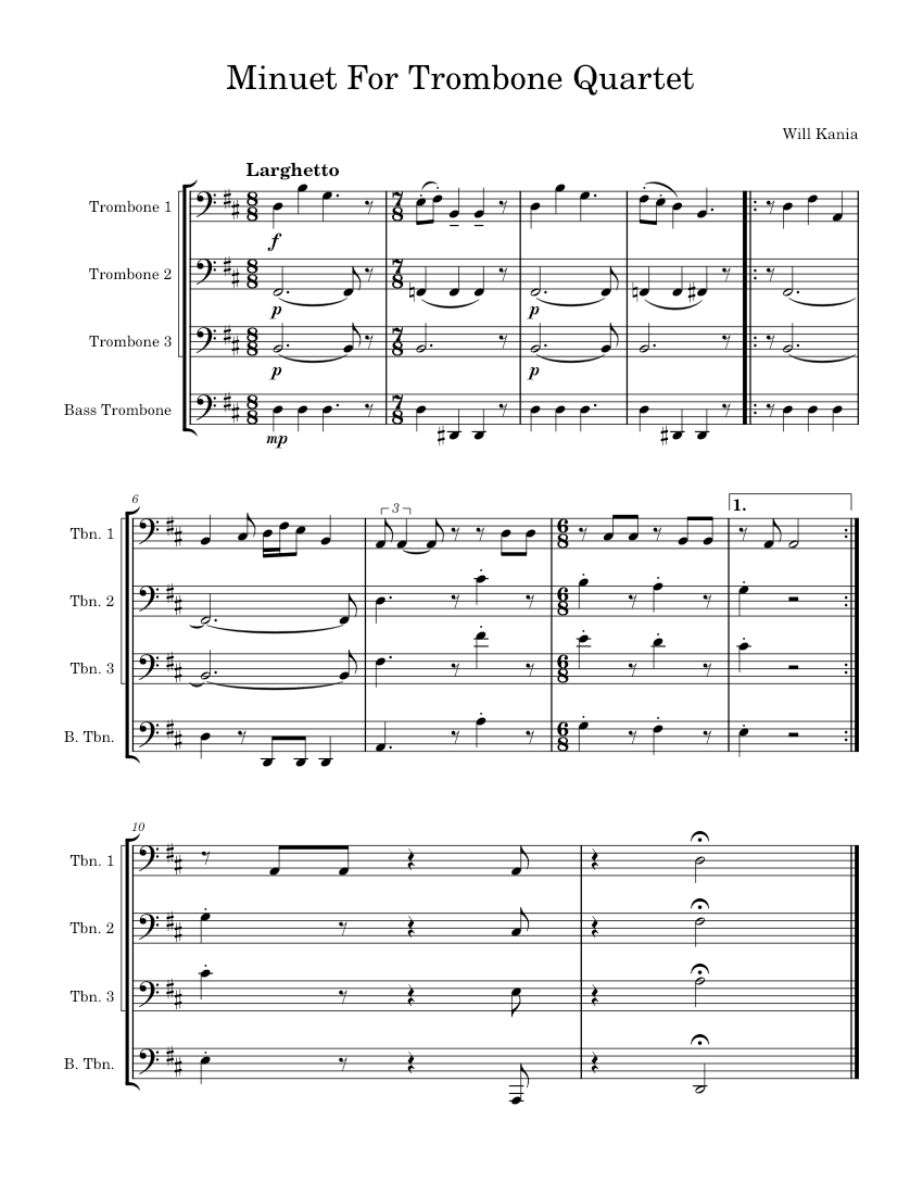 Minuet For Trombone Quartet Sheet Music for Trombone (Brass Quartet ...