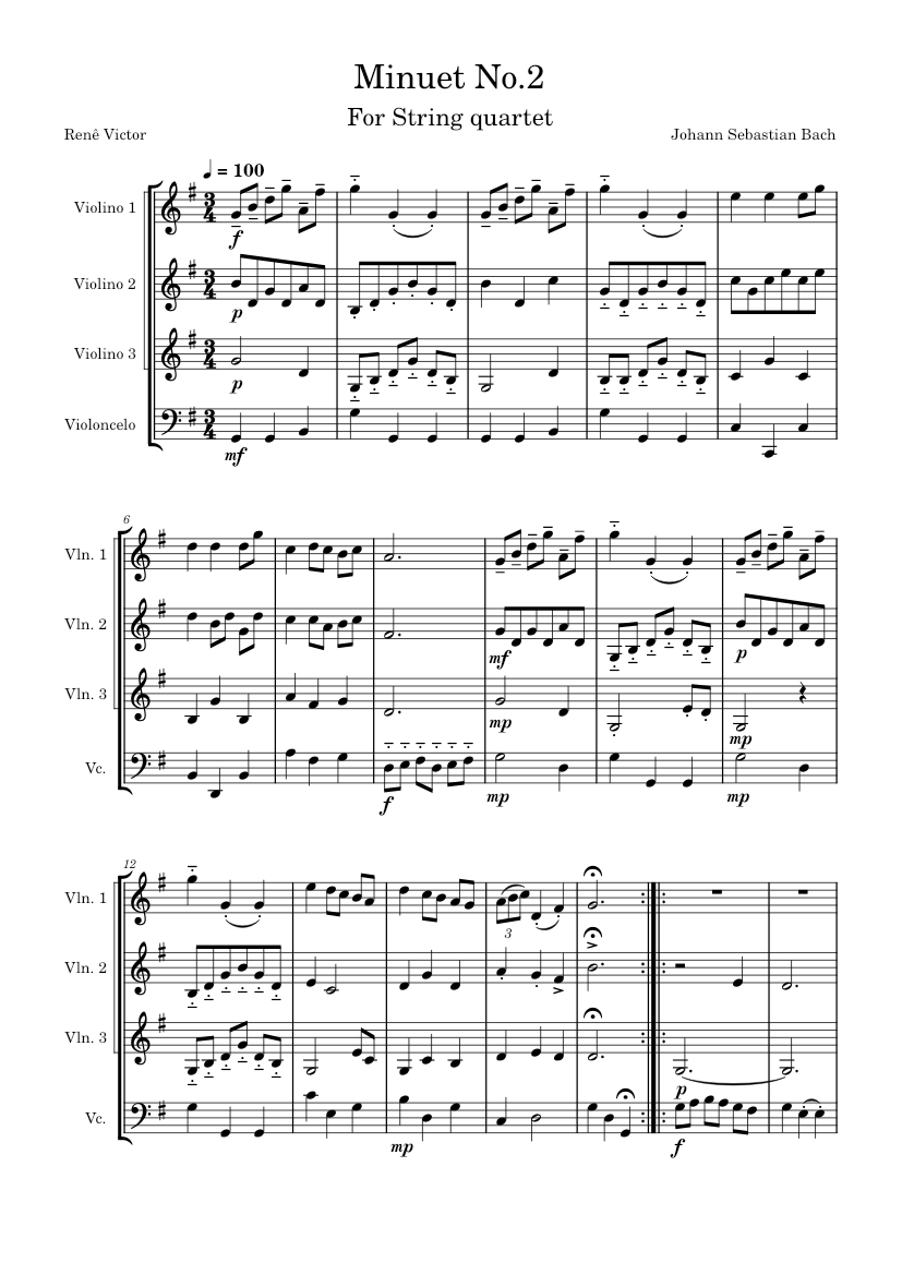 Minuet No.2 for three violins and one cello Sheet music for Violin ...