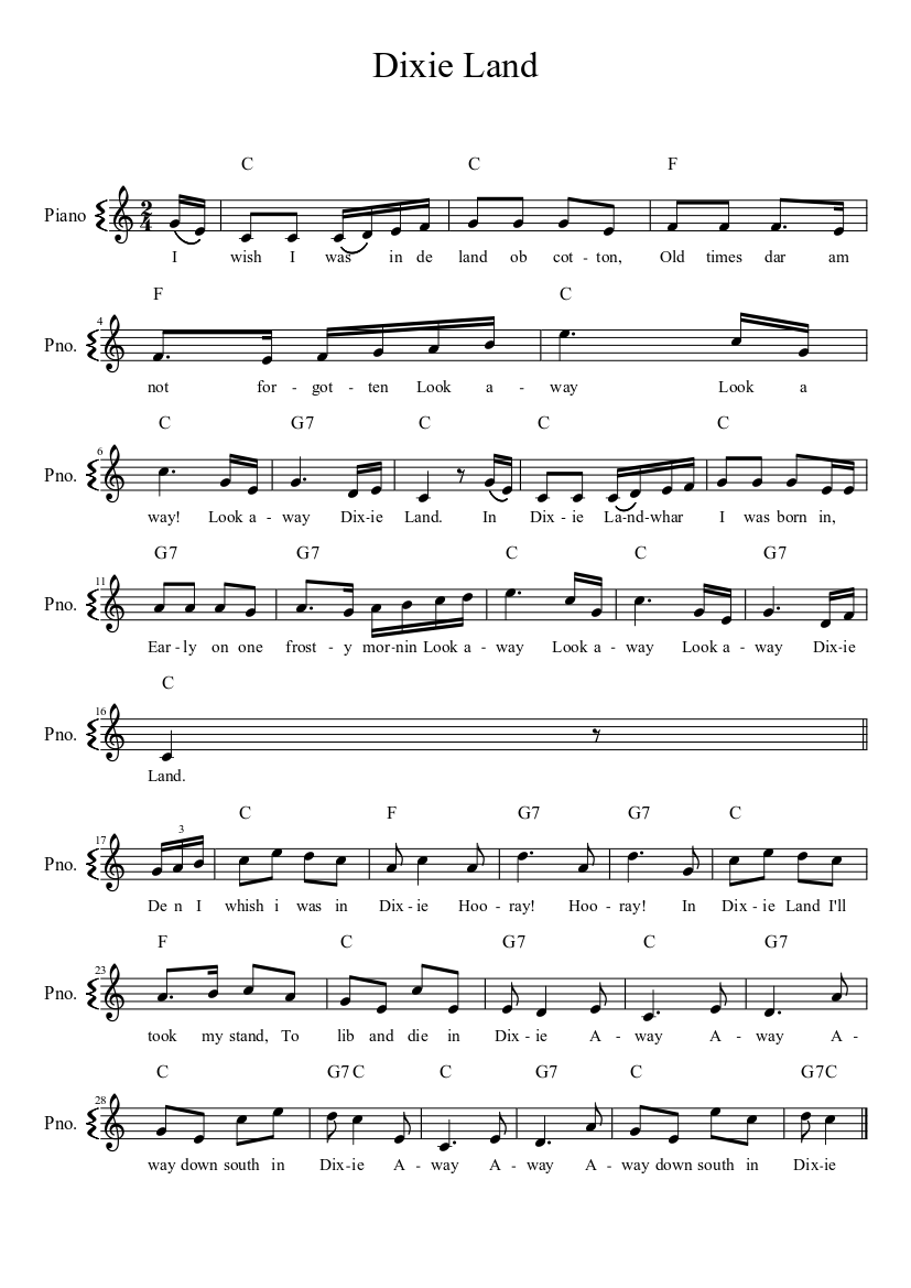 Dixie Land Sheet music for Piano (Solo) | Musescore.com