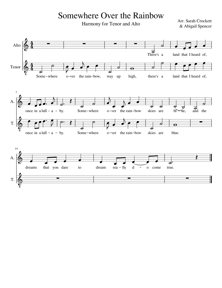 Somewhere Over the Rainbow (Harmony for Tenor and Alto) Sheet music for ...