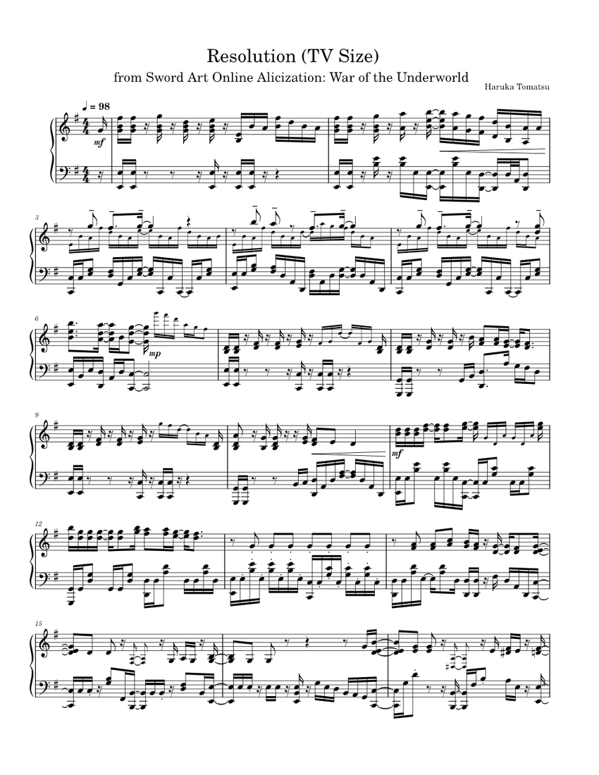 Resolution (TV Size) [Sword Art Online] – Haruka Tomatsu Sheet music ...