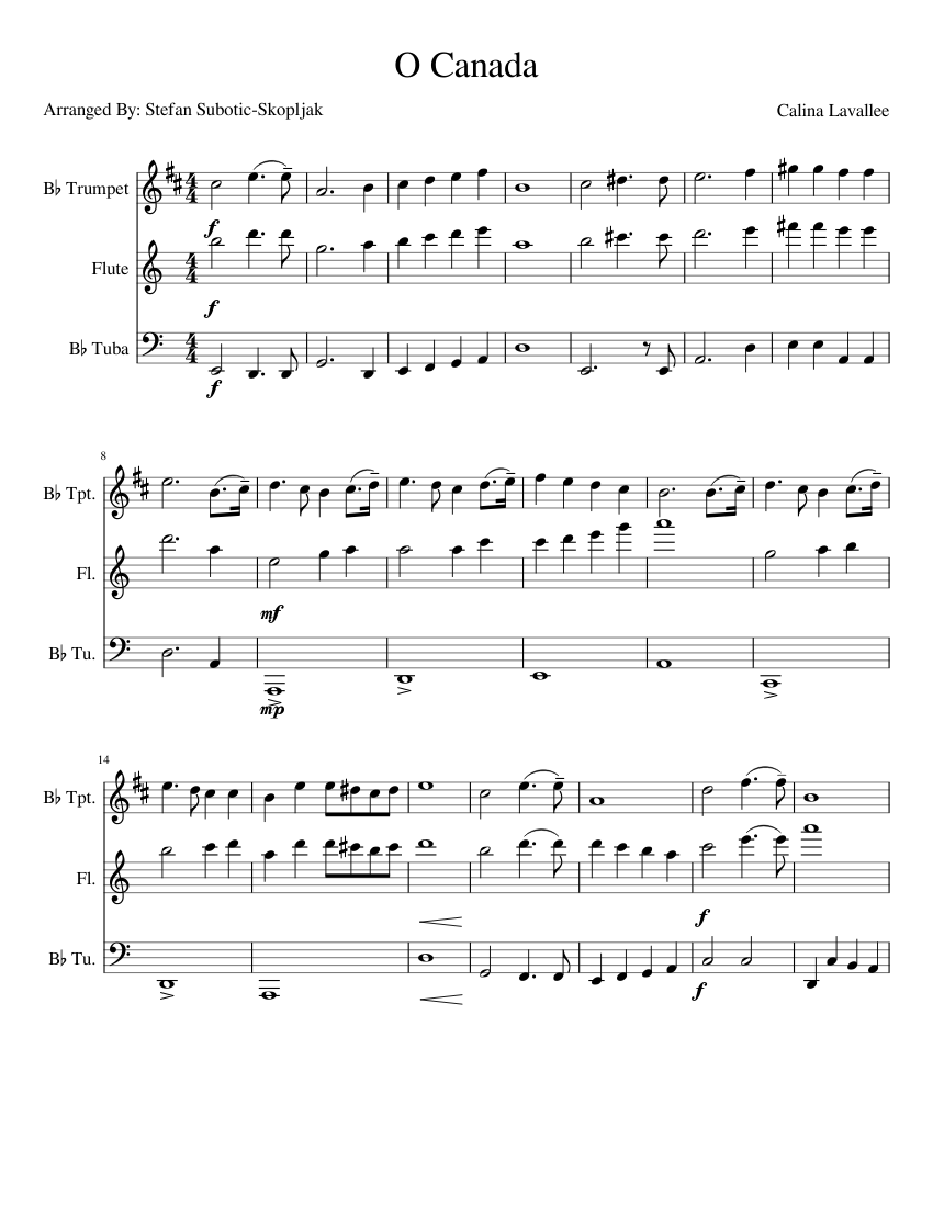 O Canada 2 0 Sheet music for Tuba, Flute, Trumpet in b-flat (Mixed Trio ...