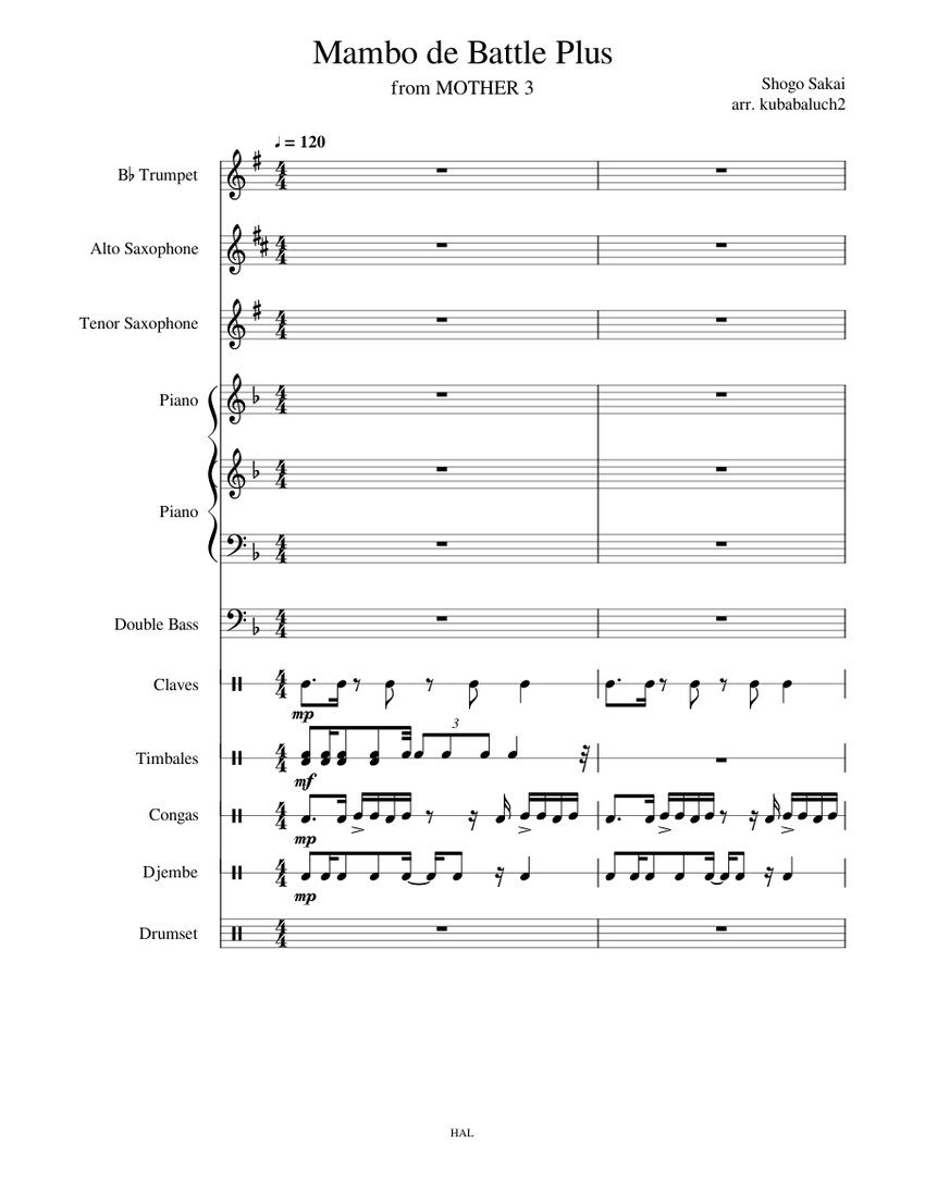 Mother 3 - Mambo de Battle Plus Sheet music for Piano, Saxophone alto, Saxophone tenor, Trumpet ...