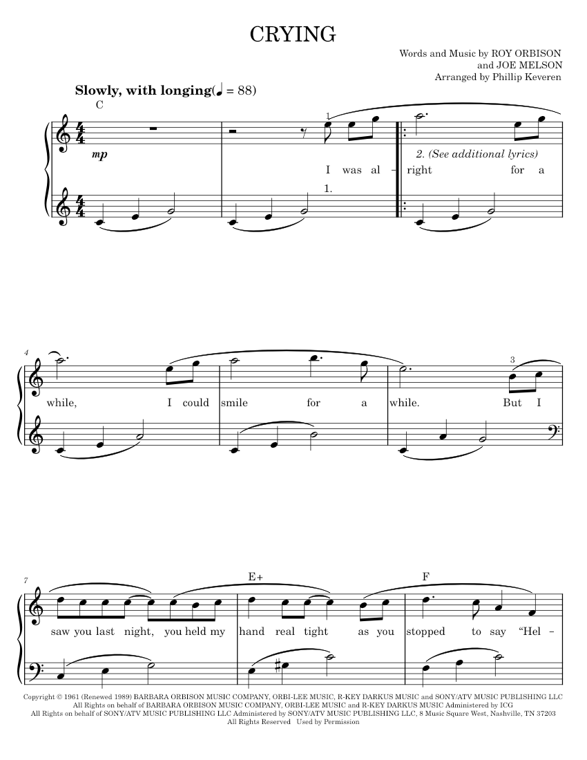 crying Sheet music for Piano by Roy Orbison Official | MuseScore.com
