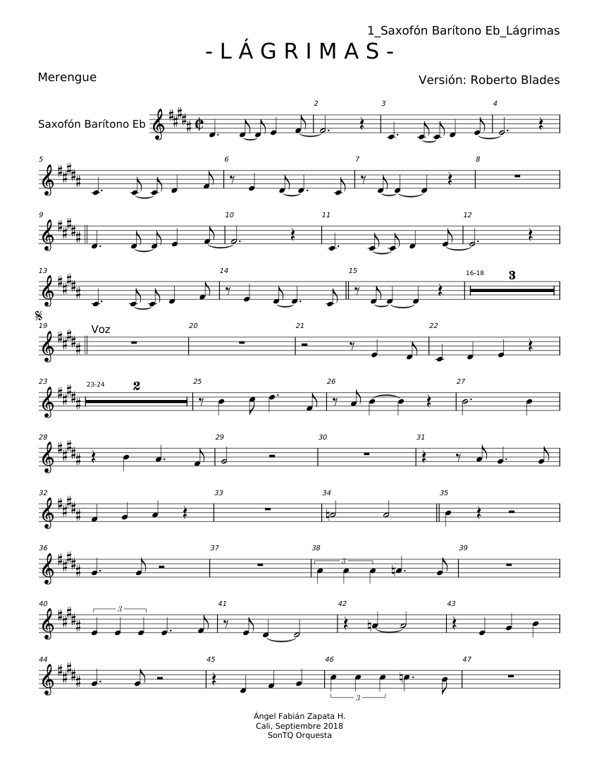 Lágrimas - Roberto Blades Sheet Music for Saxophone baritone (Solo ...