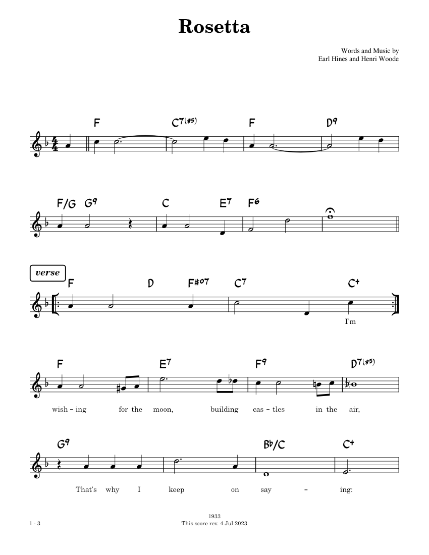 Rosetta - Earl Hines [lead sheet with verse and lyrics] Sheet Music ...