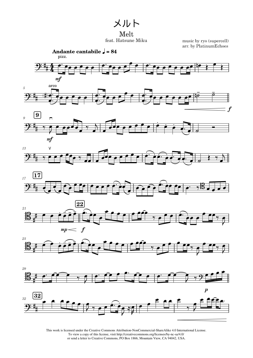 Melt – ryo (supercell) feat. Hatsune Miku (Cello Solo) Sheet music for ...