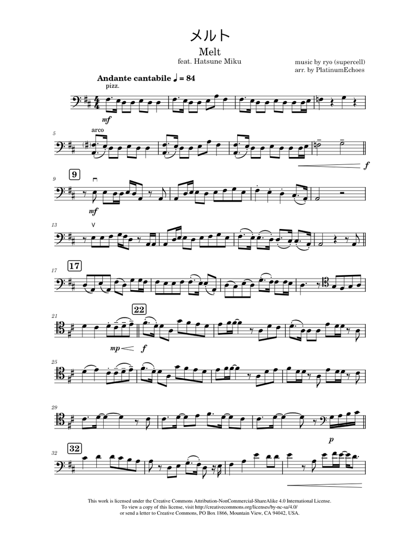 Melt – ryo (supercell) feat. Hatsune Miku (Cello Solo) Sheet music for ...