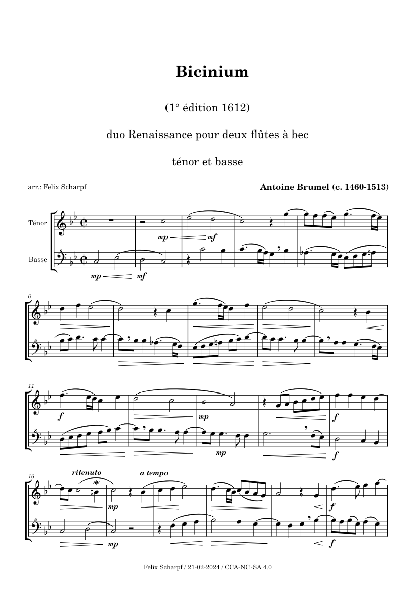 Bicinium - Antoine Brumel - Renaissance duet for 2 Recorders (TB) Sheet ...