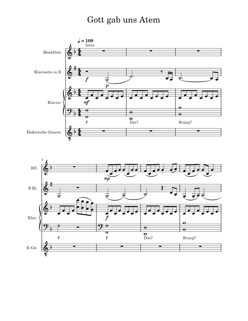 Gott gab uns Atem – Fritz Baltruweit Sheet music for Piano, Clarinet in b-flat, Guitar, Recorder ...