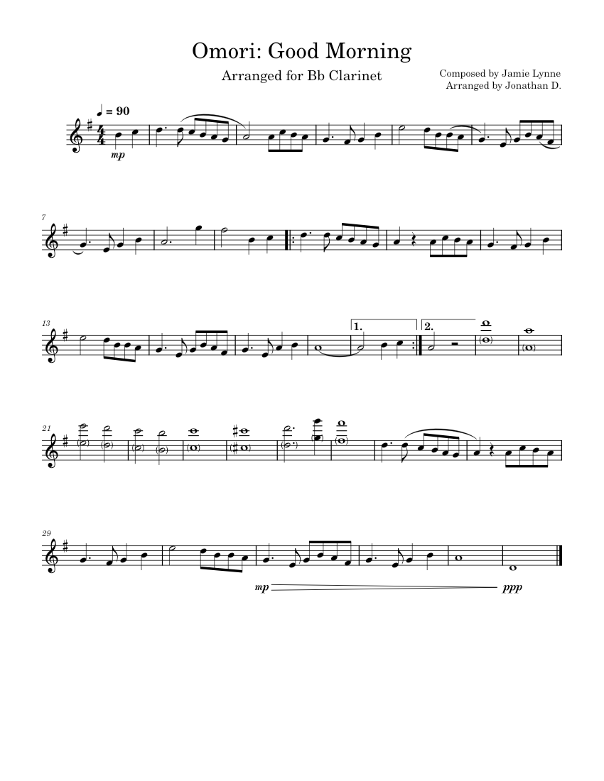 OMORI OST - 177 Good Morning – Jami Lynne (Bb Clarinet) Sheet Music for ...
